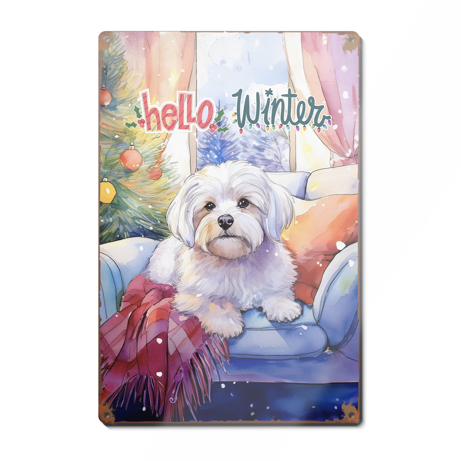 Watercolor Hello Winter Maltese Chill Christmas Welcome Vertical Metal ...