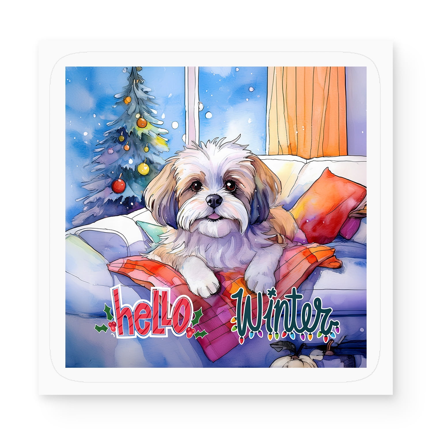 Watercolor Hello Winter Shih Tzu Chill Christmas Welcome Vinyl Sticker Lion Dog Lover Gifts ...