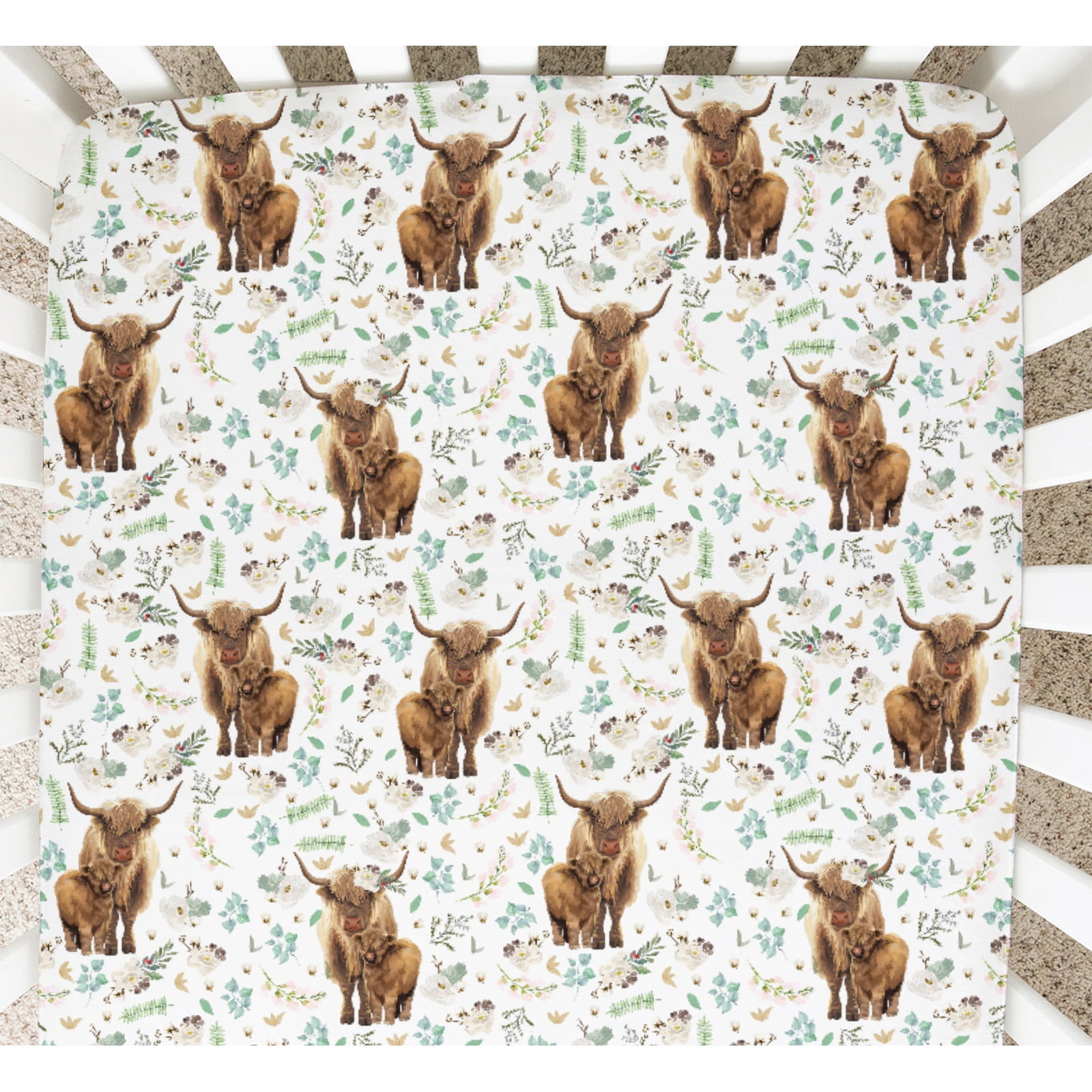 Watercolor Highland Cow Boho Floral Baby Crib Sheet for Girl Boy ...