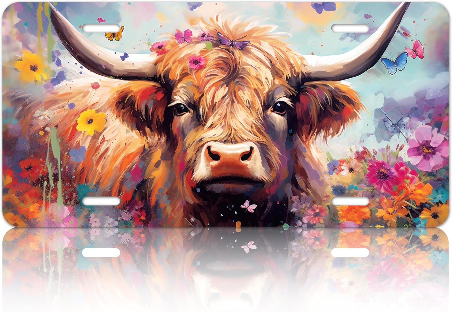 Watercolor Highland Cow License Plate Cover Animal Cow Flower Floral ...