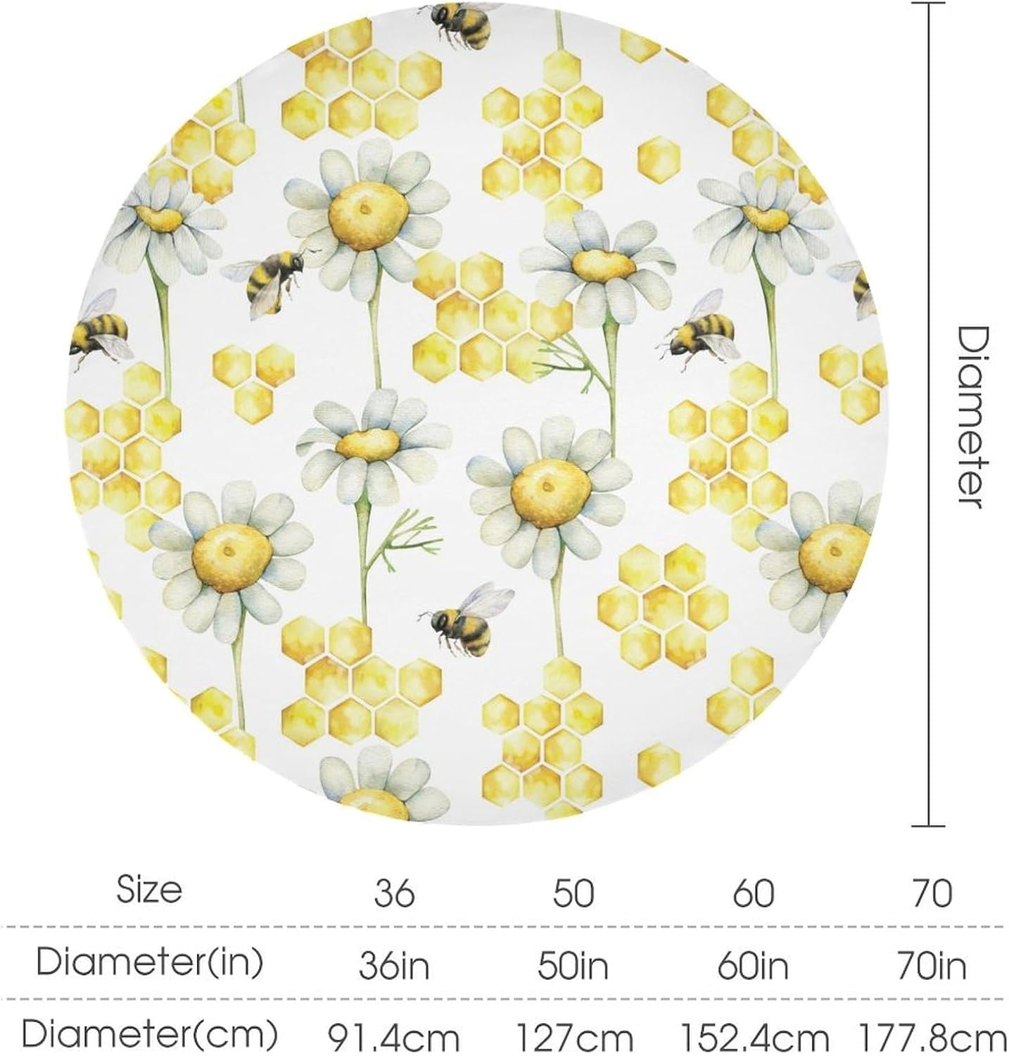 Watercolor Honey Bee Table Cloth Flowers 70 In Waterproof Round ...