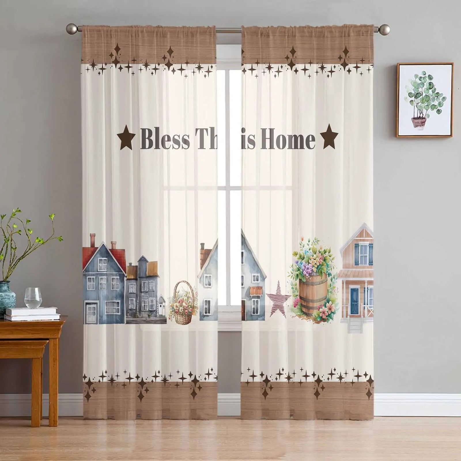 Watercolor House Stars Wood Grain Tulle Curtain for Living Room Bedroom ...