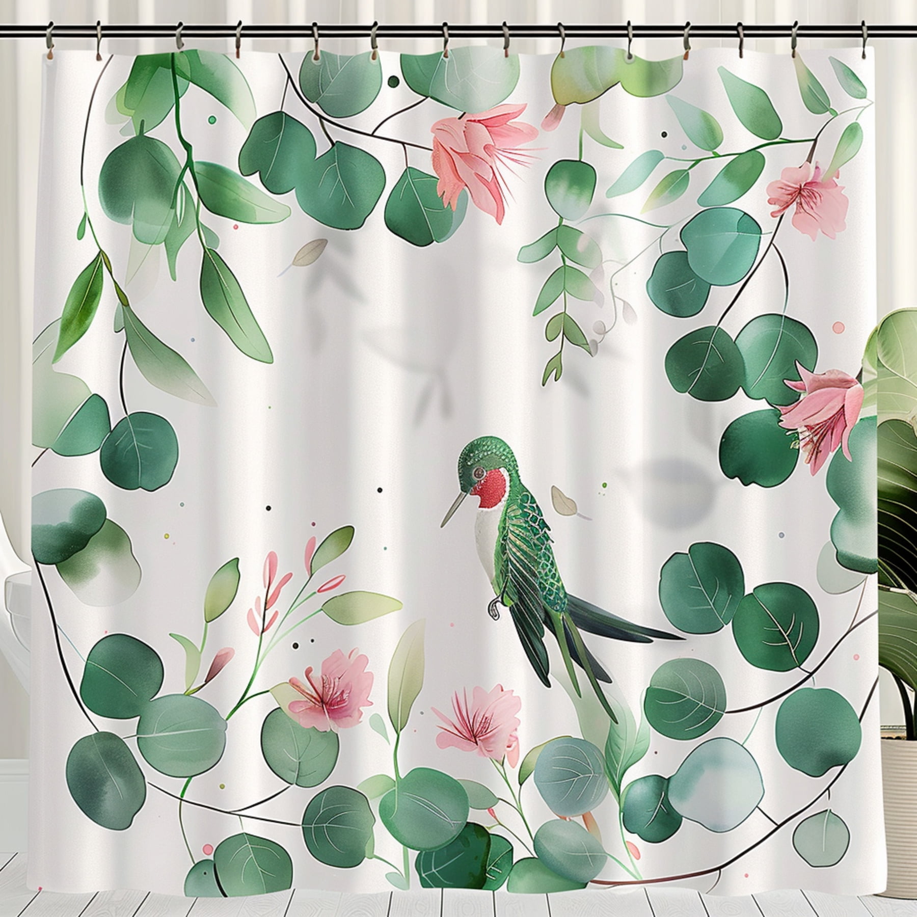 Watercolor Hummingbird Eucalyptus Shower Curtain With Pink Flowers And
