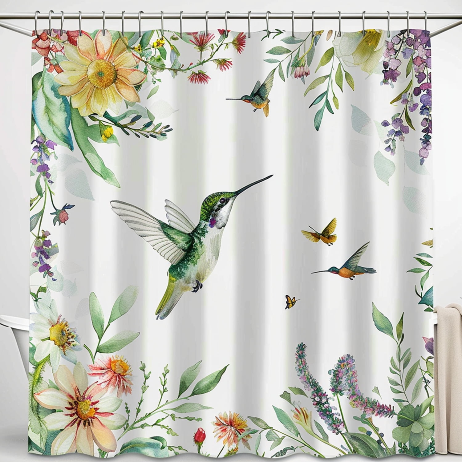 Watercolor Hummingbird And Floral Border Shower Curtain Detailed Artwork