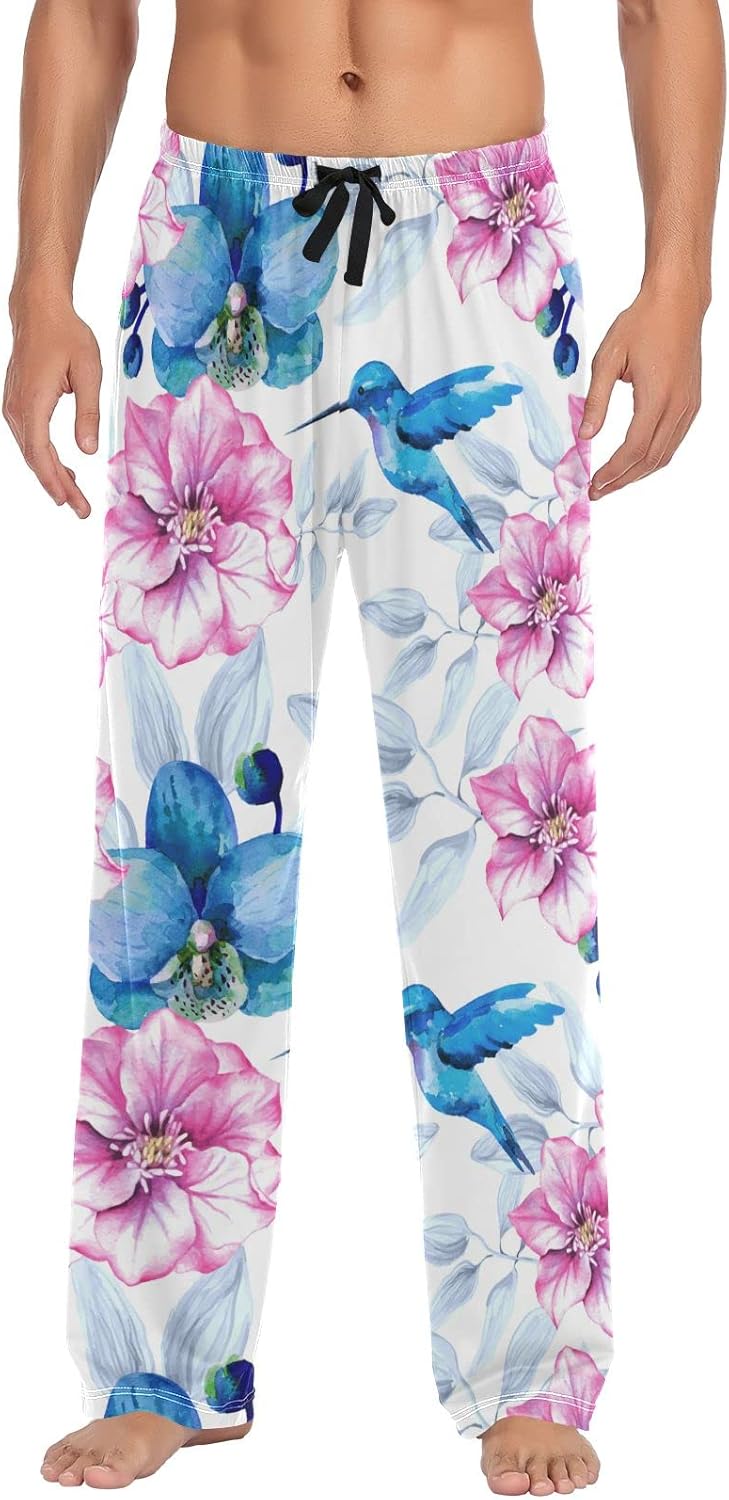 Watercolor Hummingbird Orchid Flower Mens Pajama Pants Sleepwear Lounge ...