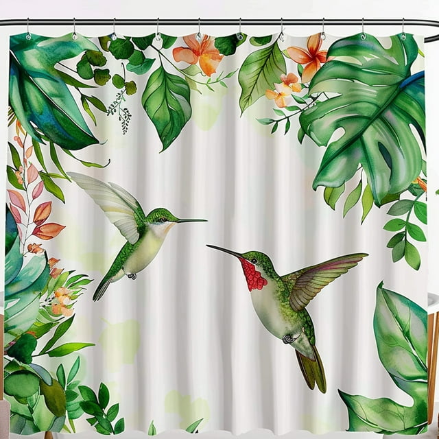Watercolor Hummingbird And Leaves Tropical Rainforest Shower Curtain