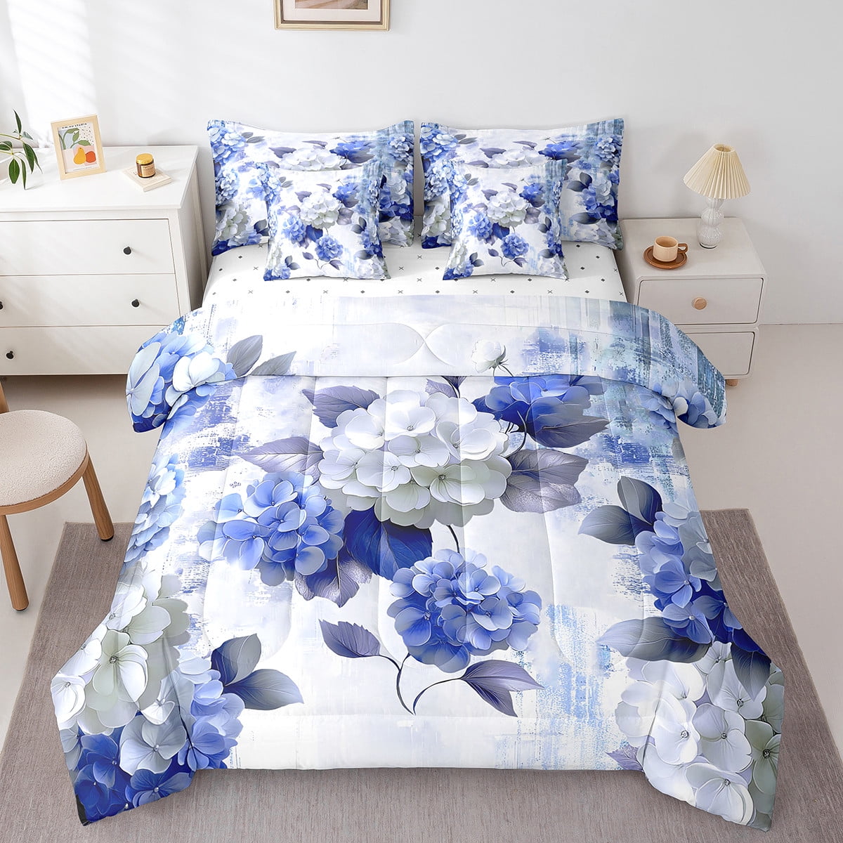 Watercolor Hydrangea Bed in a Bag 7-Piece Chic Flower Floral Bedding ...