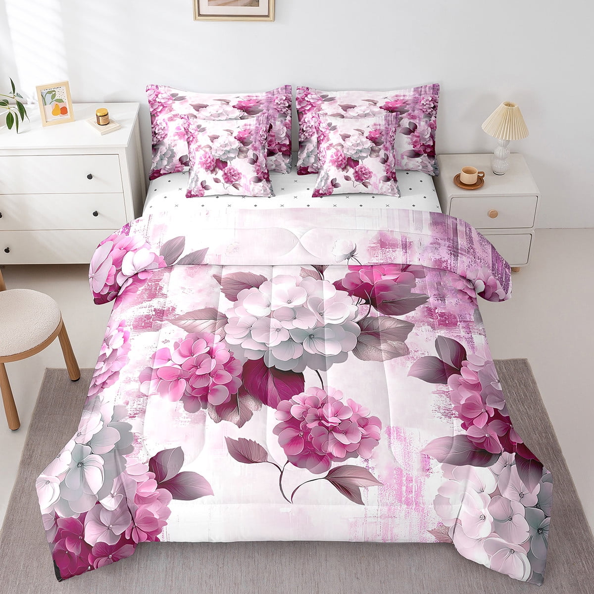 Watercolor Hydrangea Bedding Comforter Sets 7pcs Chic Flower Floral Bed ...