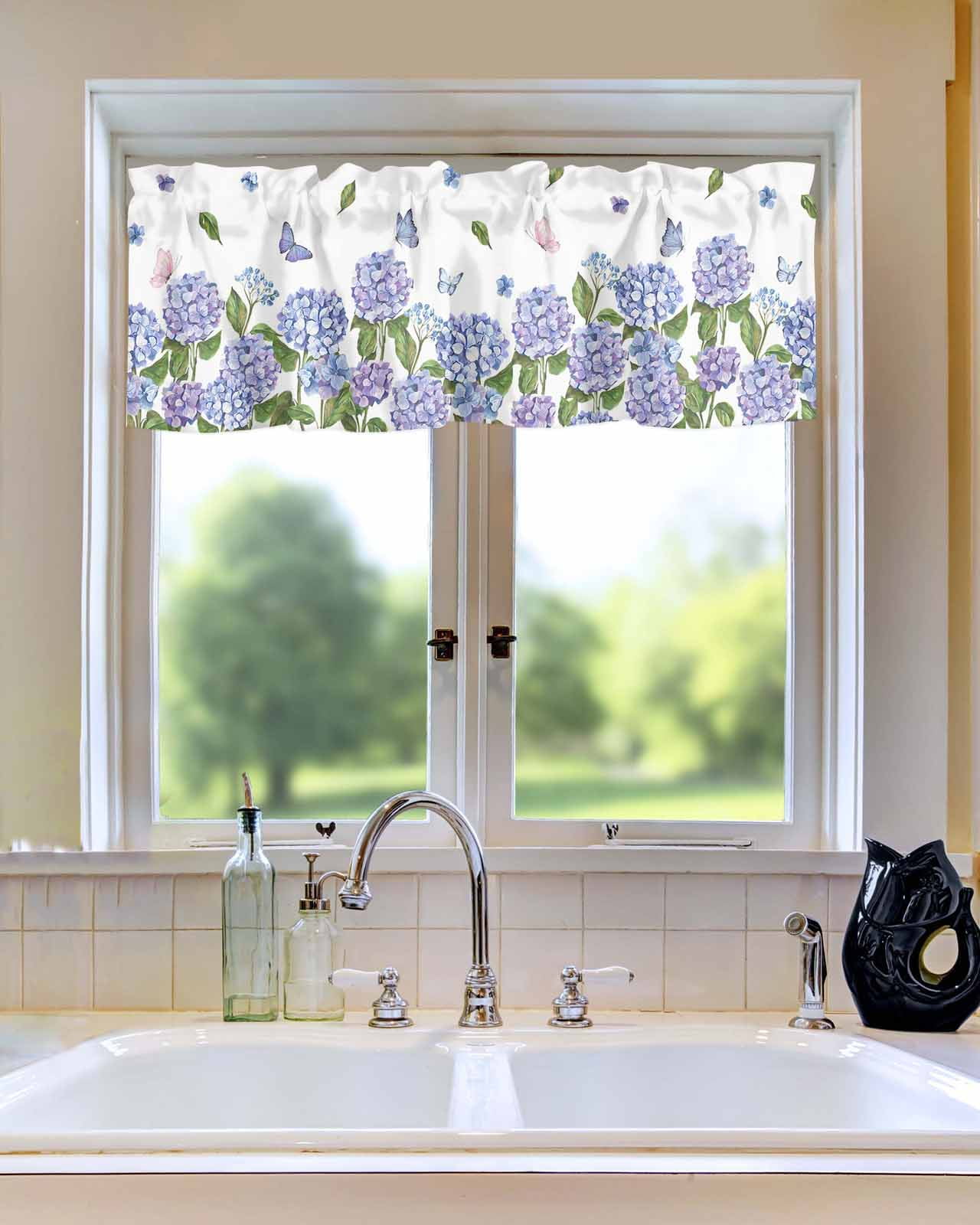 Watercolor Hydrangea Flowers Butterfly Window Valances for Kitchen,Rod ...