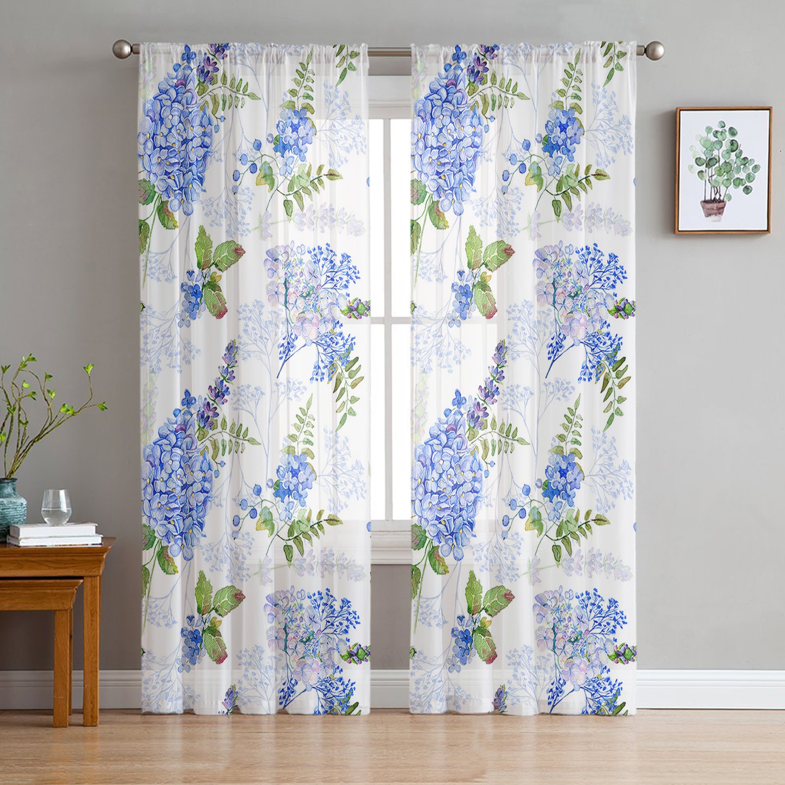 Watercolor Hydrangea Leaves Curtain For Living Room Transparent Tulle ...