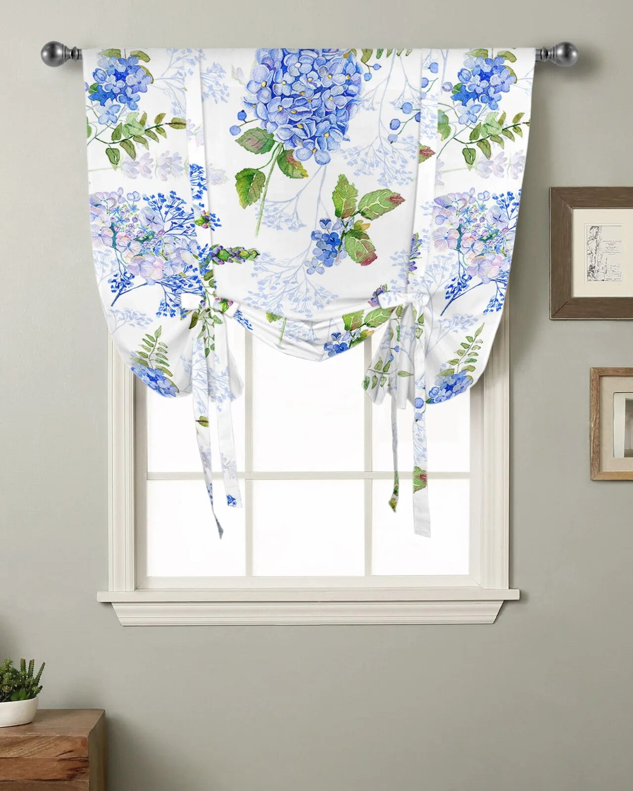 Watercolor Hydrangea Leaves Flower Kitchen Short Window Curtain Modern ...