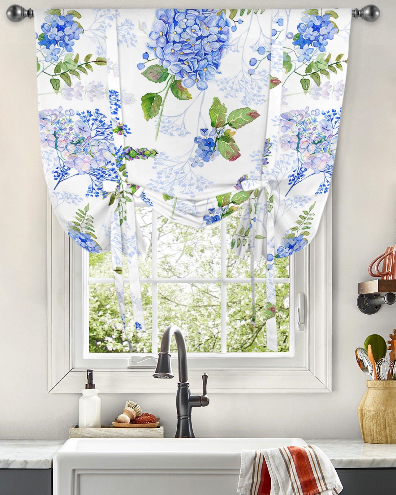 Watercolor Hydrangea Leaves Window Curtains Tie Up Curtains for Kitchen Living Room Adjustable ...