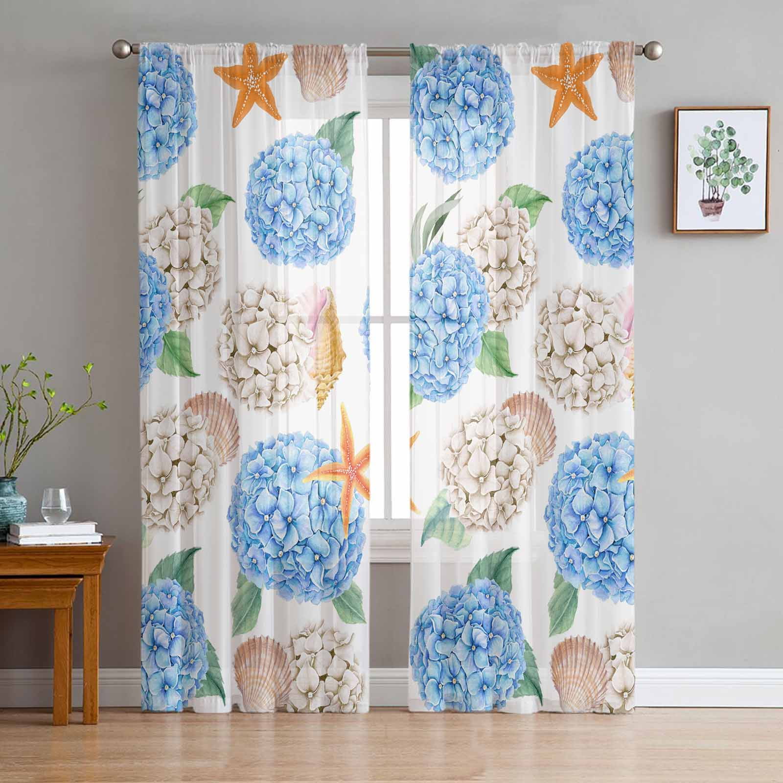 Watercolor Hydrangea Marine Star Shells Sheer Curtains for Living Room ...