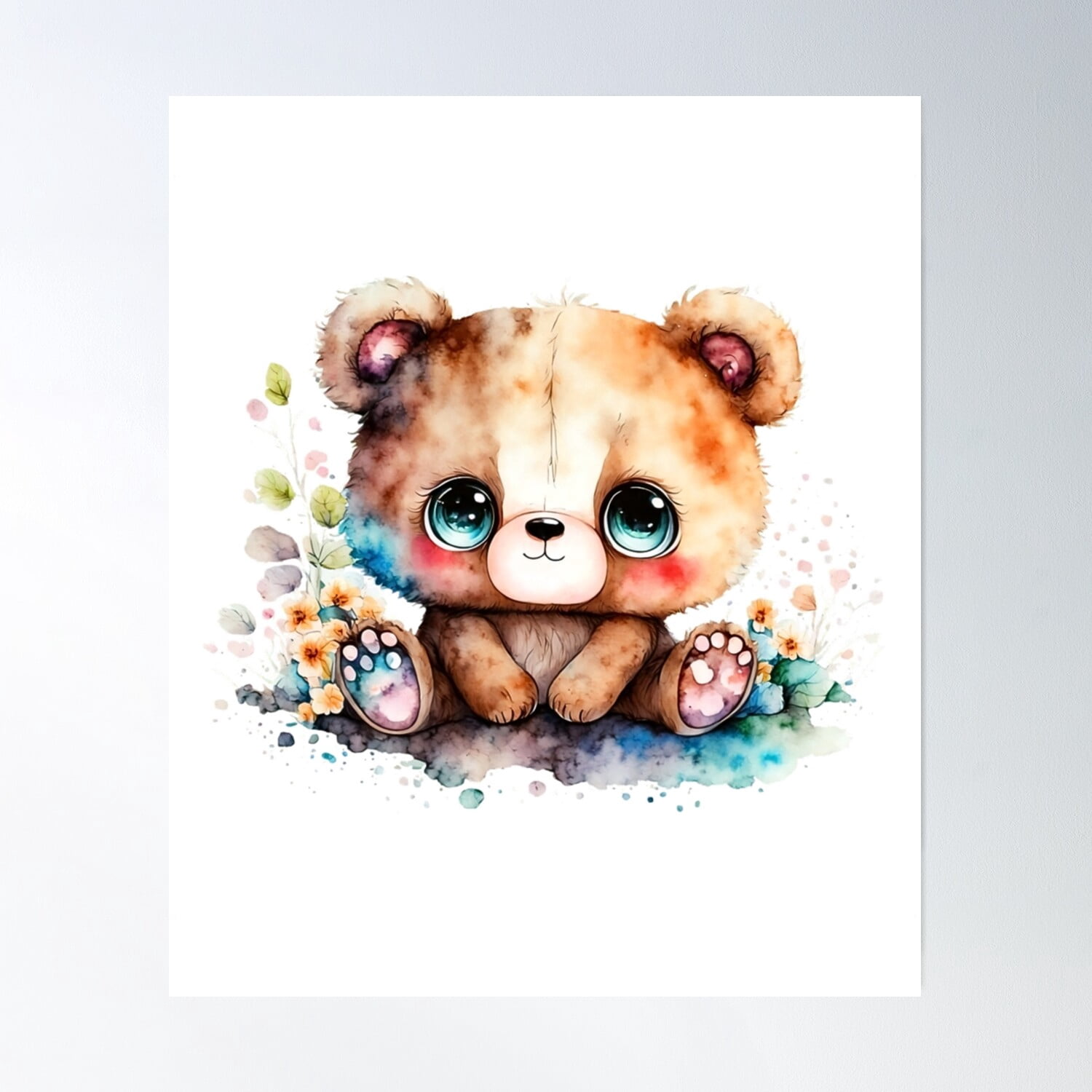 Watercolor Illustration Teddy Bear And Flowers Poster Wall Art, Modern ...