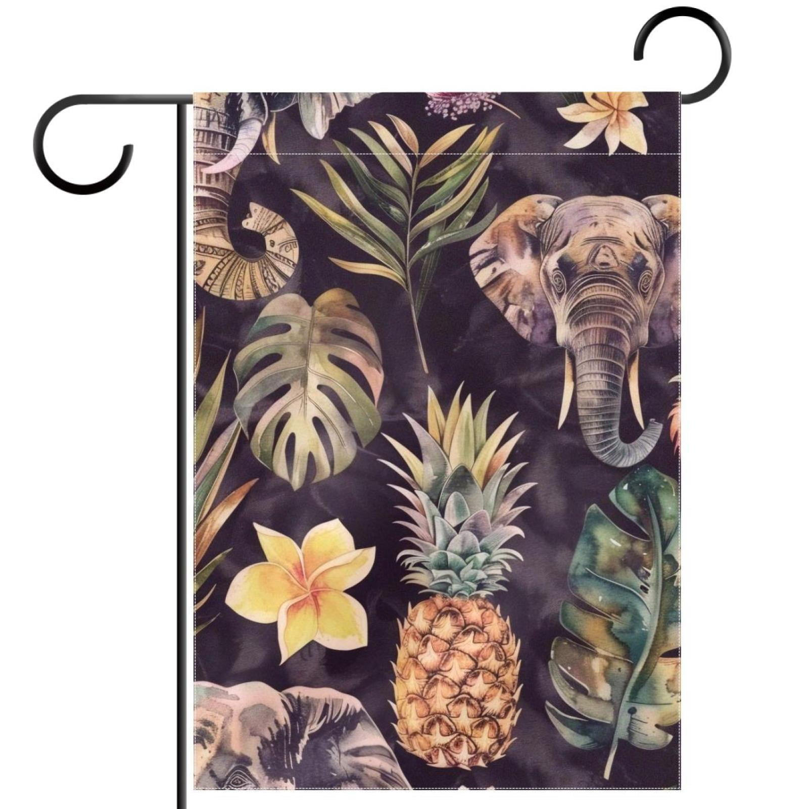 Watercolor Indian Elephant Pineapple Tropical Leaves Welcome Garden ...