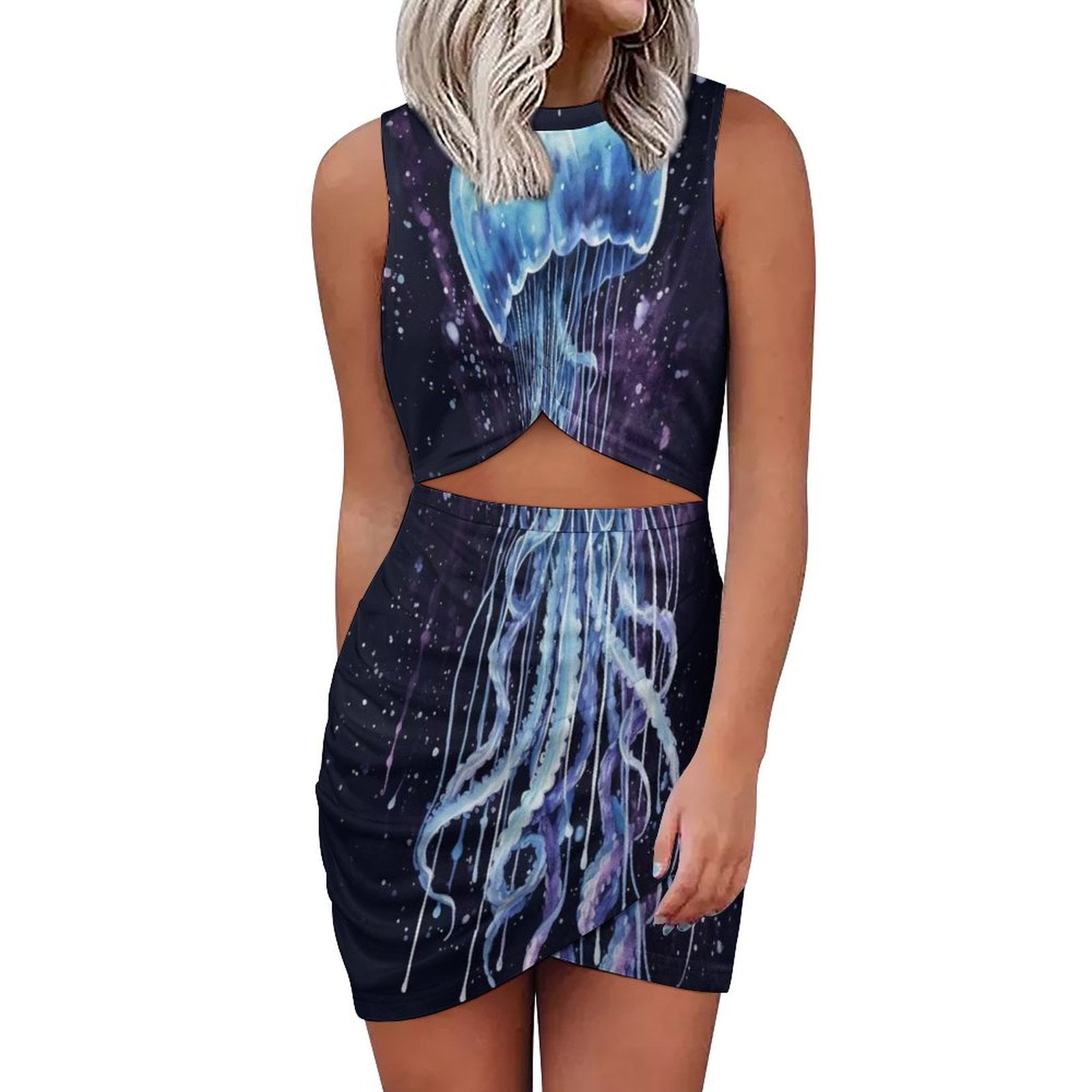 Watercolor Jellyfish Black Background Women's Crossover Slim Hip Dress ...