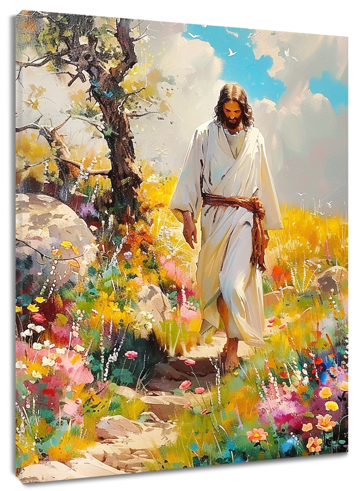 Watercolor Jesus Wall Art Jesus Walking on Road with Yellow Floral Tree ...