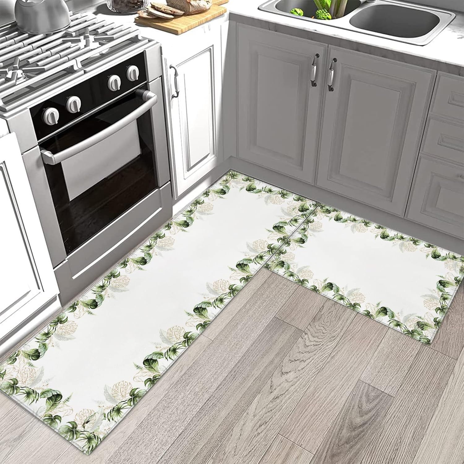 Watercolor Kitchen Rugs and Mats Set of 2, Tropical Palm Tree Leaf ...