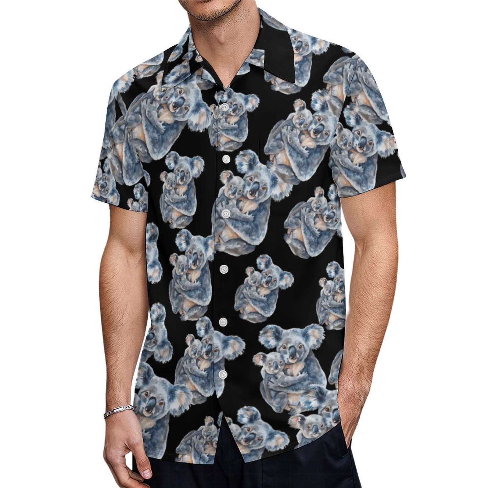 Watercolor Koala Mama With Little Mens Hawaiian Shirts Printed Casual ...