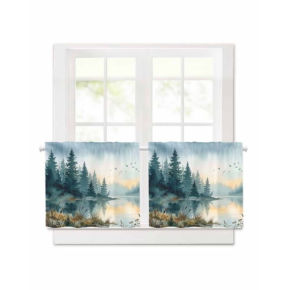 Watercolor Lake Forest Natural Scene Short Blackout Curtains 30 Inch ...