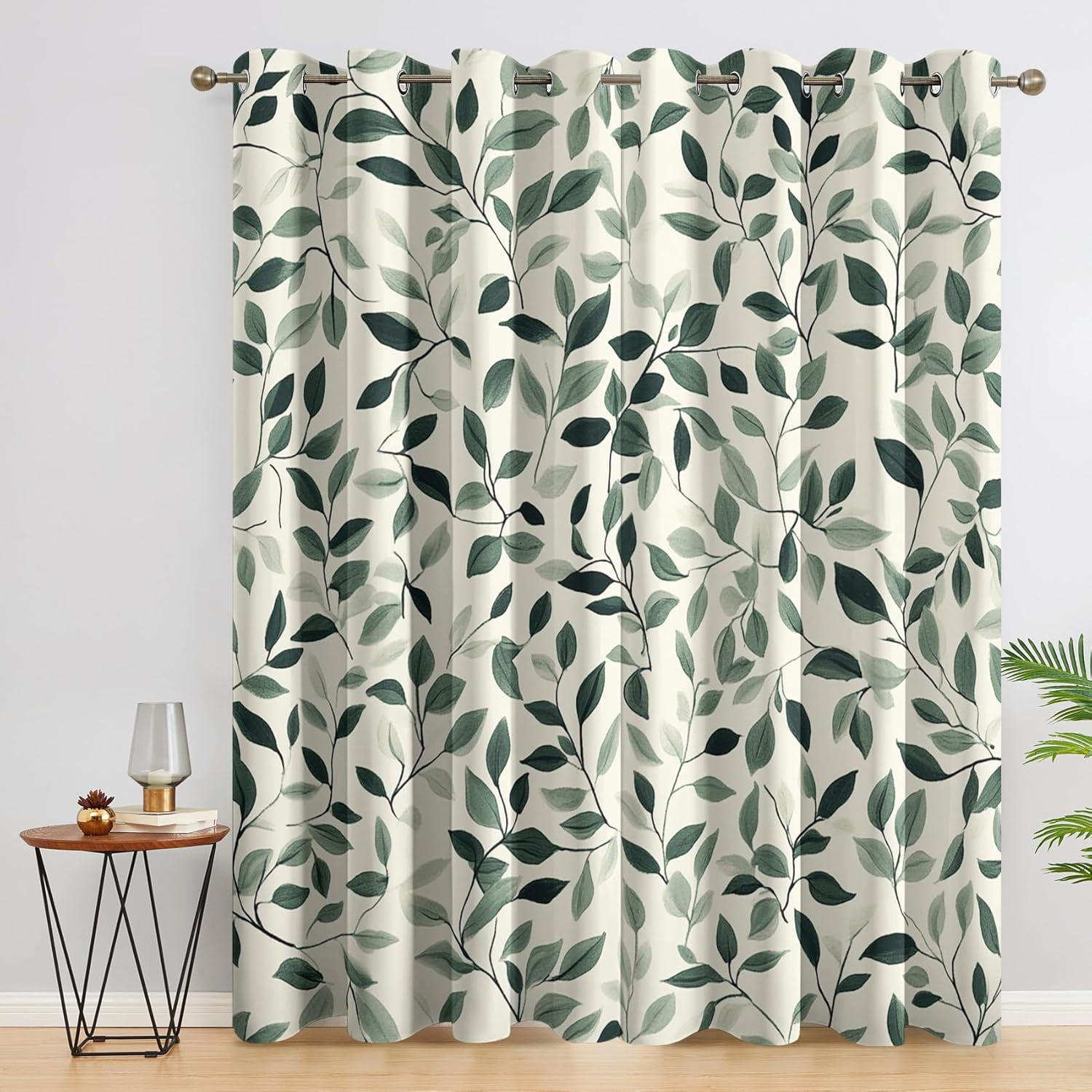 Watercolor Leaf Curtains, Green Leaves Window Curtains, Plant Botanical ...