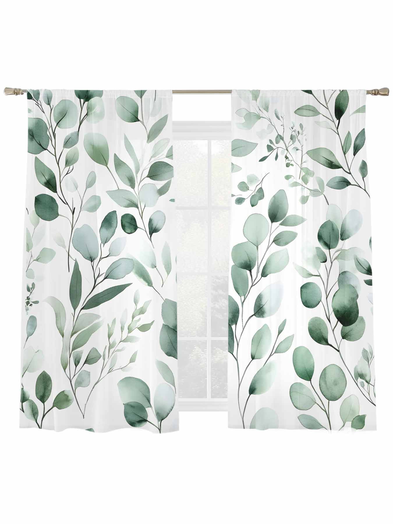 Watercolor Leaf Sheer Curtains 63 Inch Long 2 Panels, Eucalyptus Leaves ...