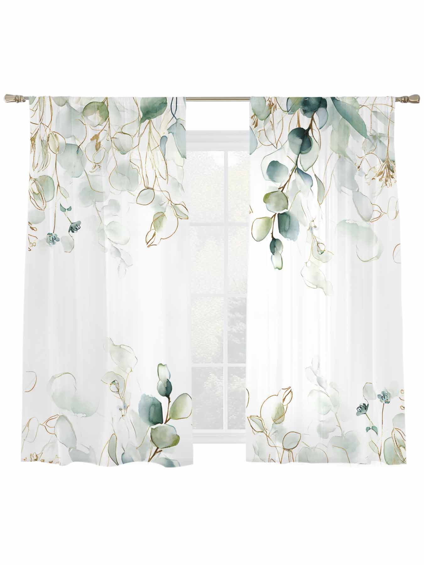 Watercolor Leaf Sheer Curtains 63 inches Long, Green Eucalyptus Leaves ...