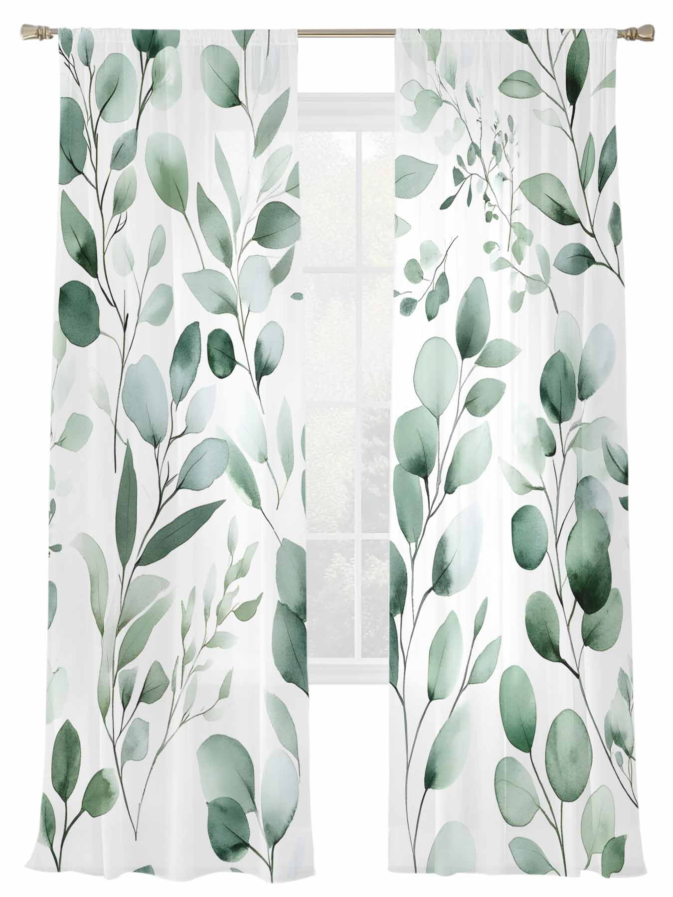 Watercolor Leaf Sheer Curtains 84 Inch Long 2 Panels, Eucalyptus Leaves ...