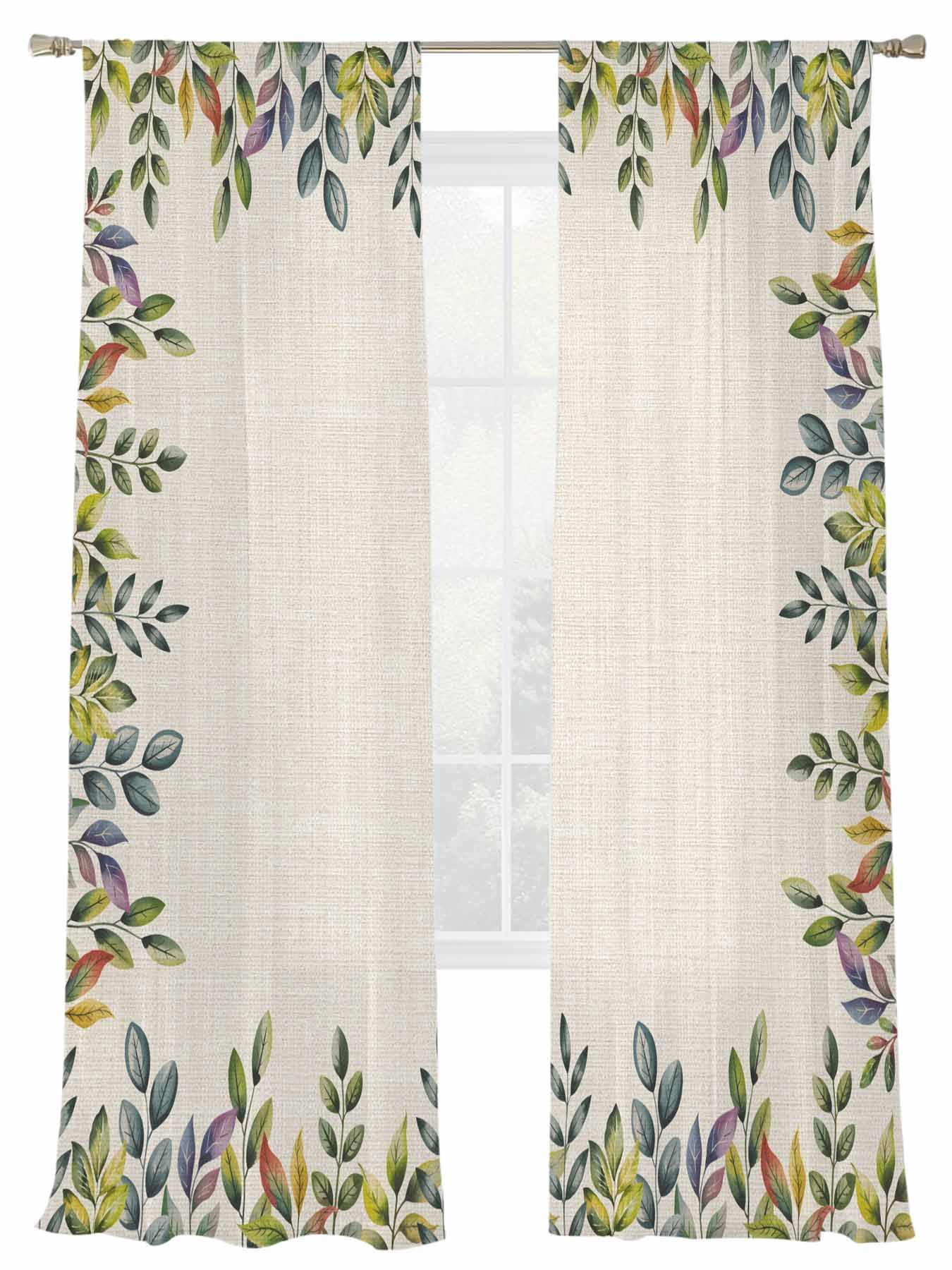 Watercolor Leaf Sheer Curtains 96 Inch Length 2 Panels Set, Semi ...