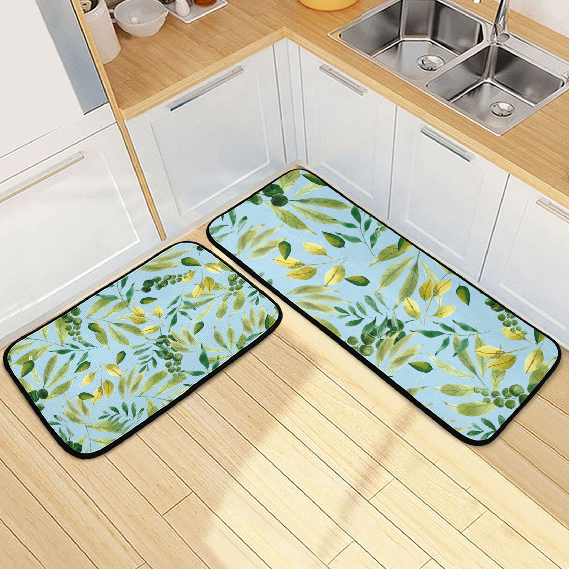 Watercolor Leaves Green Kitchen Rugs Set of 2 Non Slip Floor Foam Mat ...