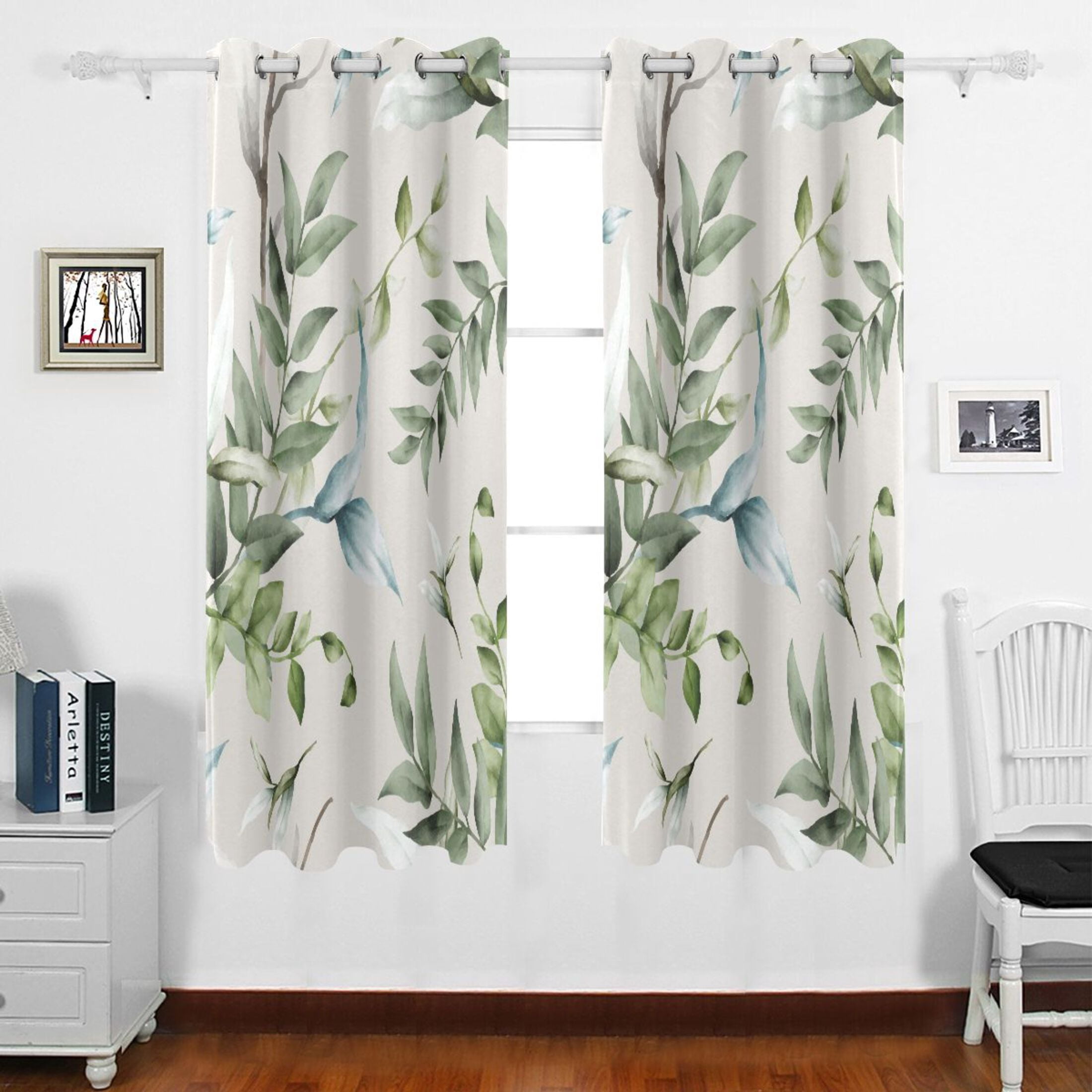 Watercolor Leaves Grommet Blackout Curtains Thermal Insulated Window ...