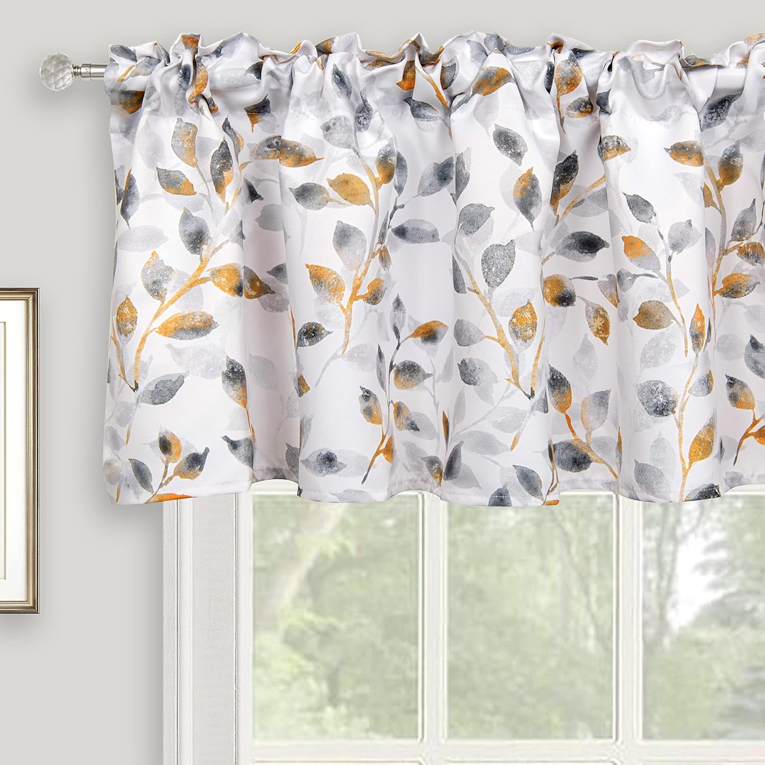 Watercolor Leaves Print Valance for Windows, Grey Floral Printed Short ...