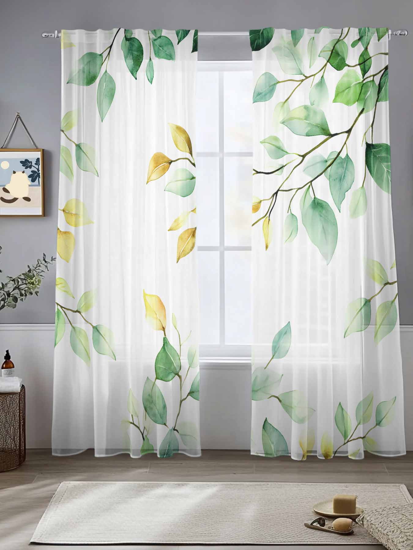 Watercolor Leaves Sheer Curtains for Living Room Bedroom Spring ...