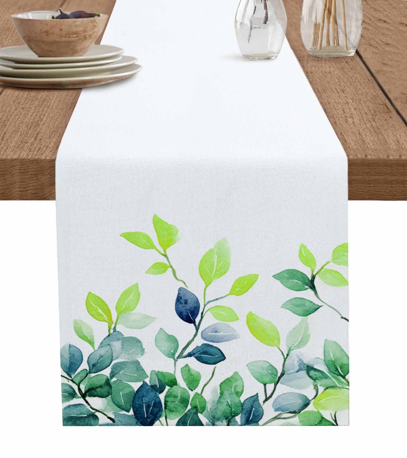 Watercolor Leaves Table Runner 72 Inches, Spring Green Botanical Vines ...