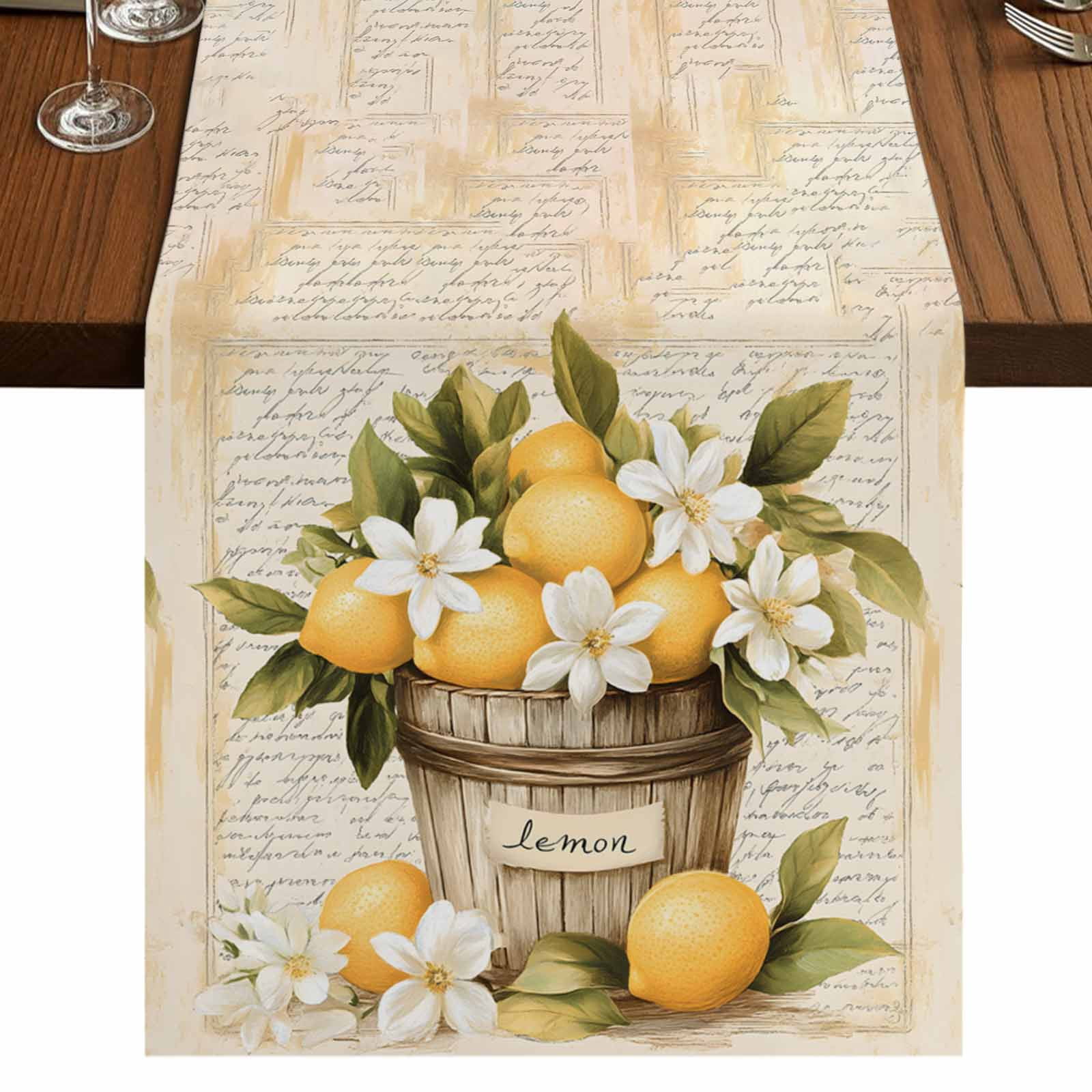 Watercolor Lemon 72 Inch Table Runner, Retro Fruit Blossoming Botanical ...