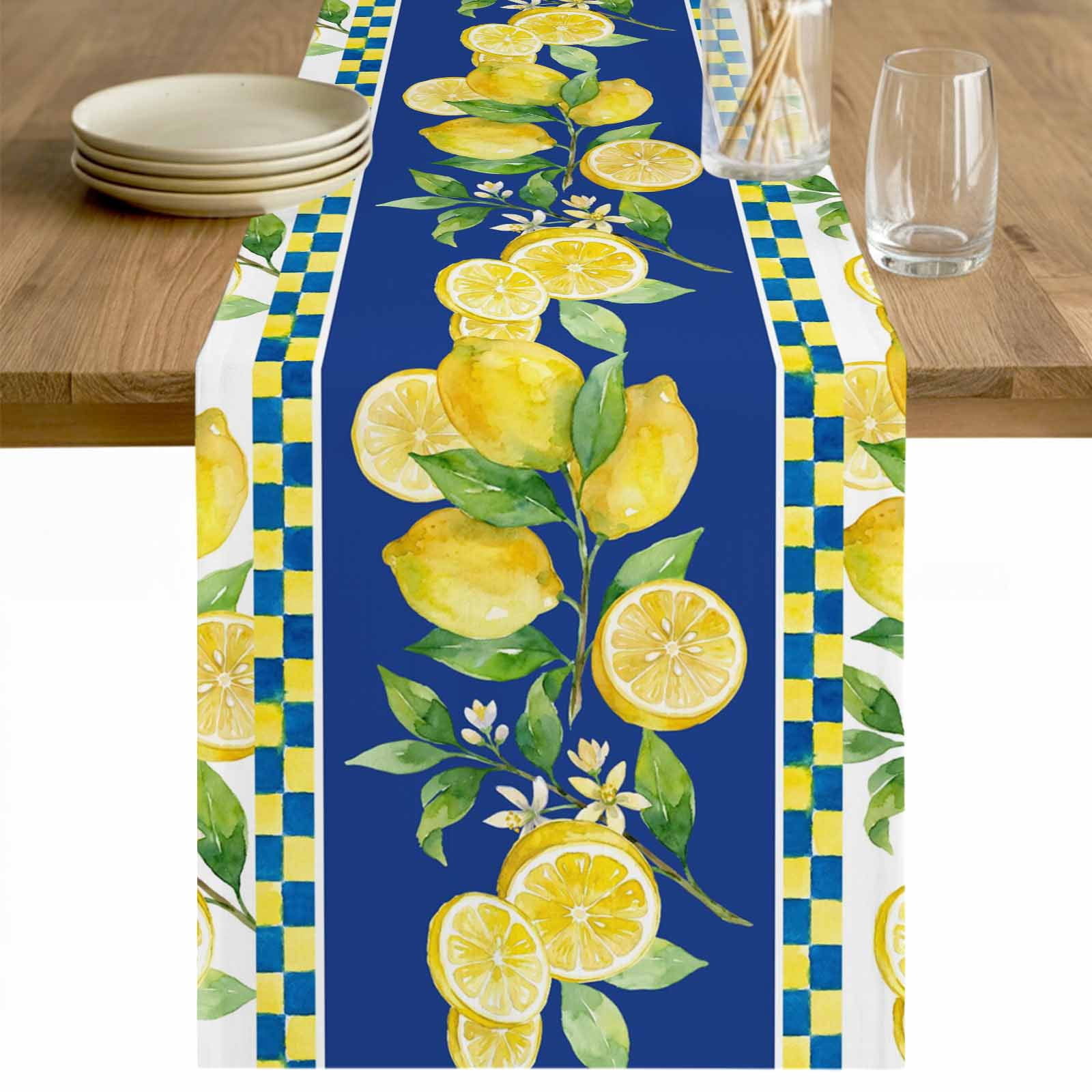 Watercolor Lemon Botanical Table Runner - 70 Inch Long Summer Navy Blue ...