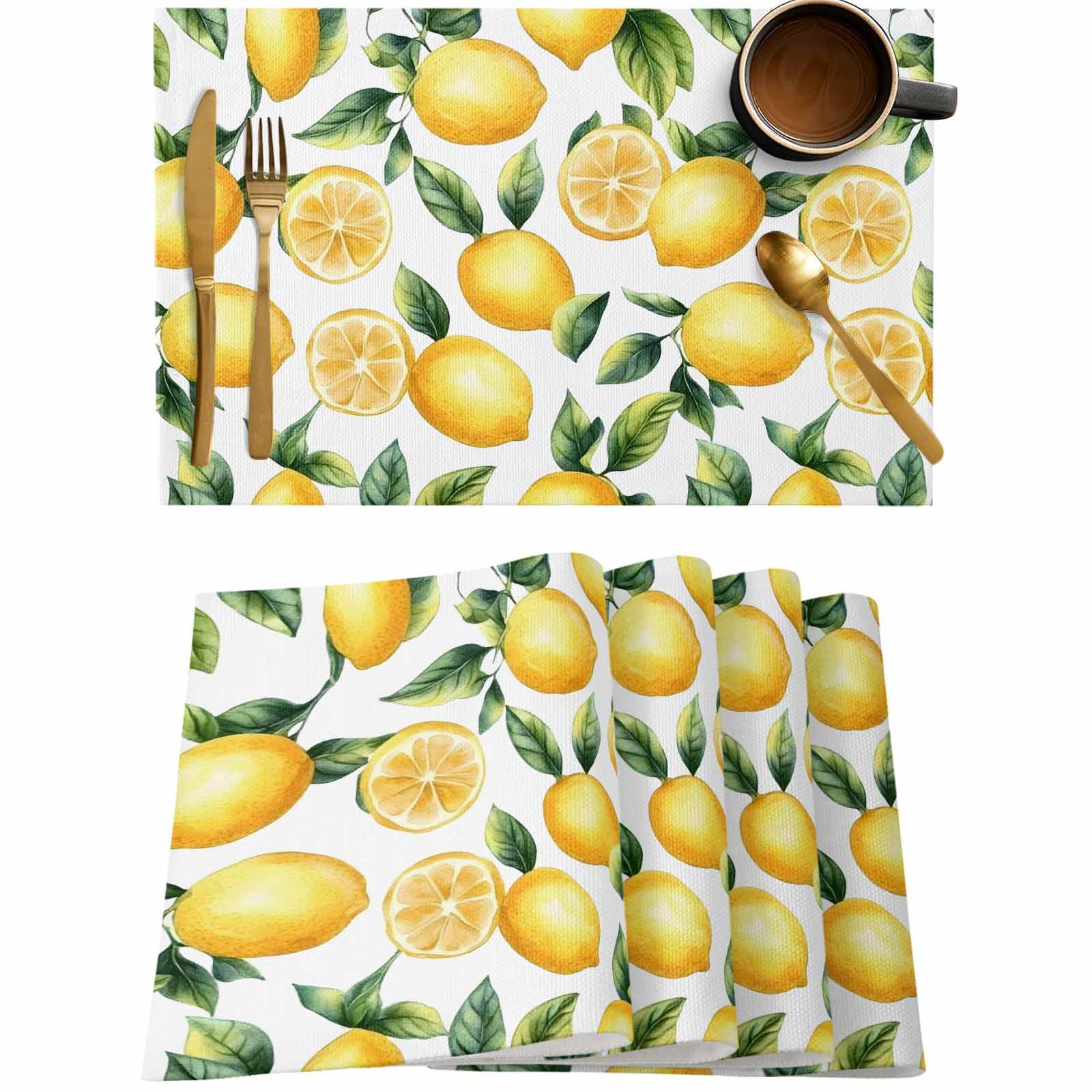 Watercolor Lemon Farm Green Leaves Placemats Set of 4,Wipeable Washable Table Mats for Dining ...