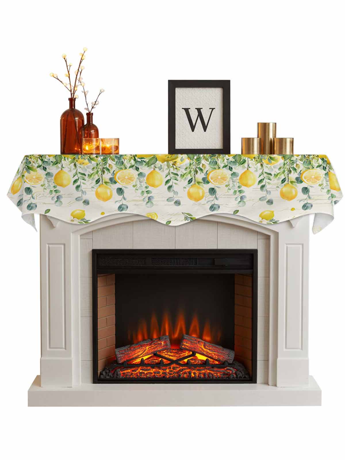 Watercolor Lemon Fireplace Mantle Scarf, Eucalyptus Leaf Fruit Yellow ...