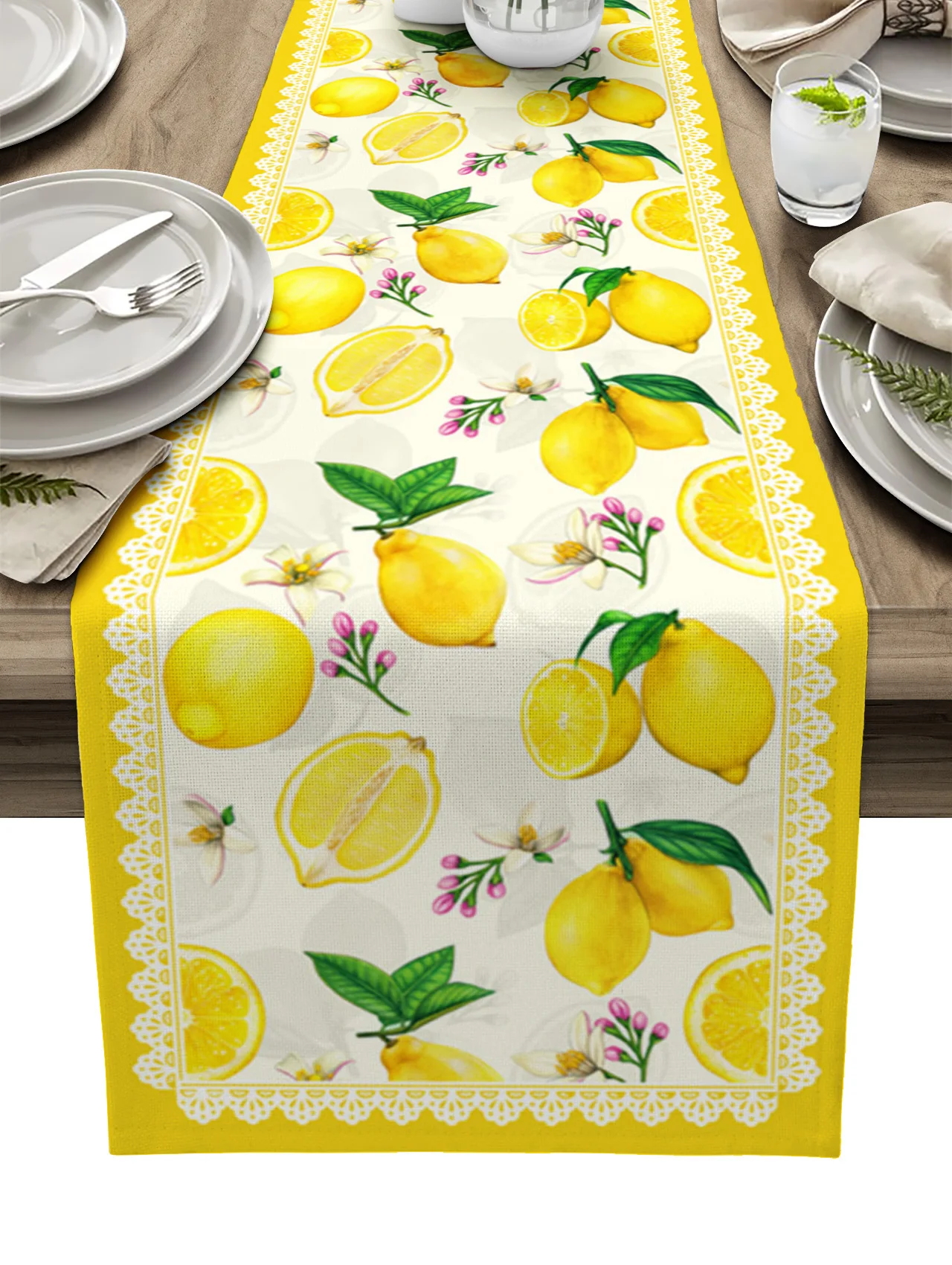 Watercolor Lemon Fruit Table Runner Cotton Linen Kitchen Dining Table r ...