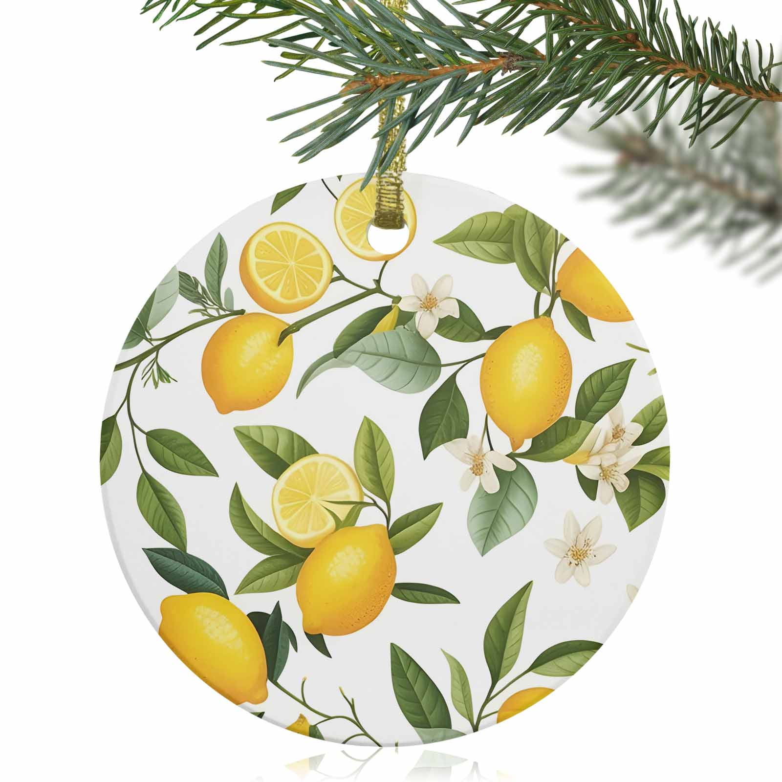 Watercolor Lemon Green Leaves Flower Christmas Ceramic Ornament 2025,3 ...