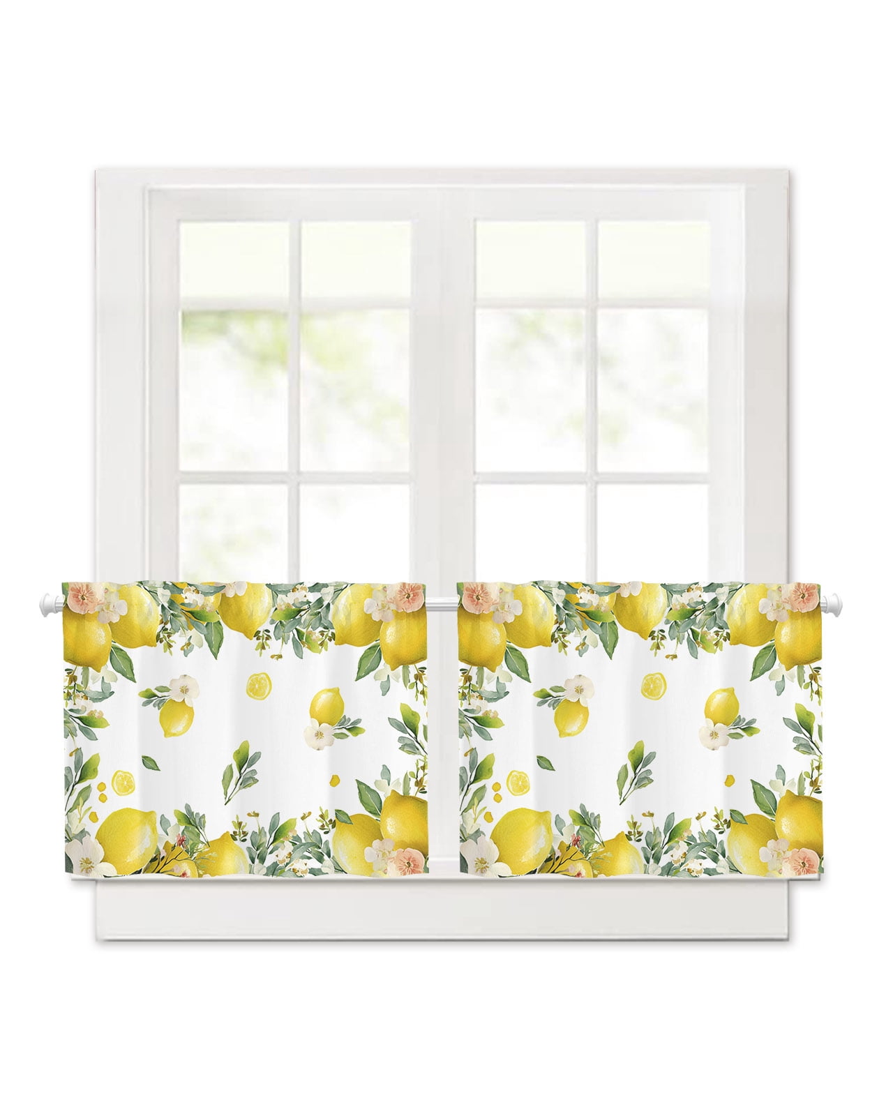 Watercolor Lemon Green Leaves Flower Short Blackout Curtains 24 Inch ...