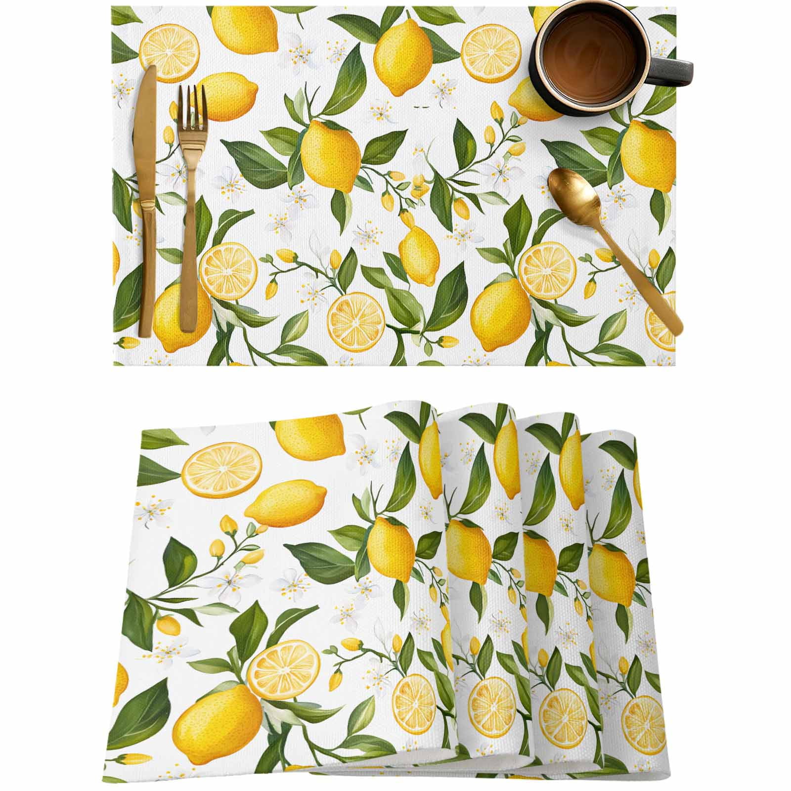 Watercolor Lemon Green Leaves Placemats Set of 4,Wipeable Washable ...