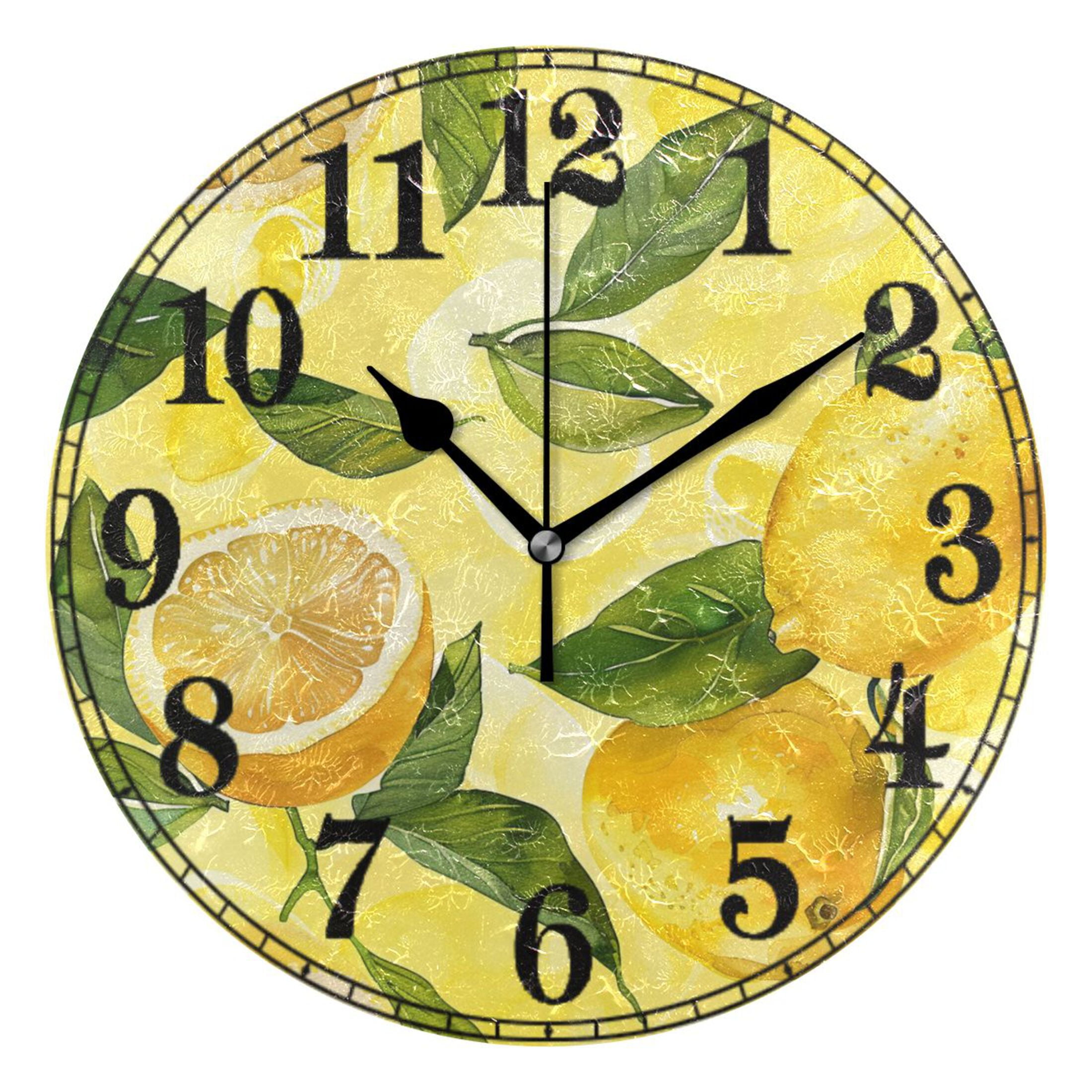 Watercolor Lemon Leaves Silent Wall Clock 10" Non-Ticking Battery Clock ...