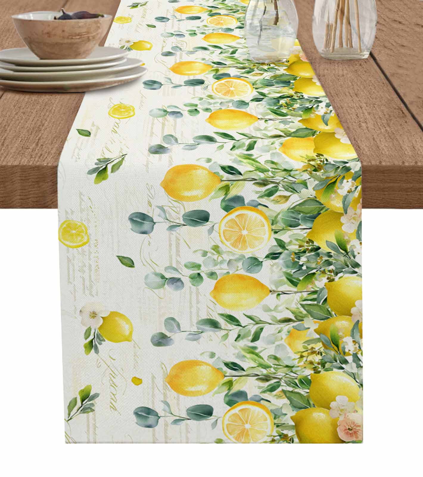 Watercolor Lemon Table Runner 72 Inches, Eucalyptus Leaf Fruit Yellow ...