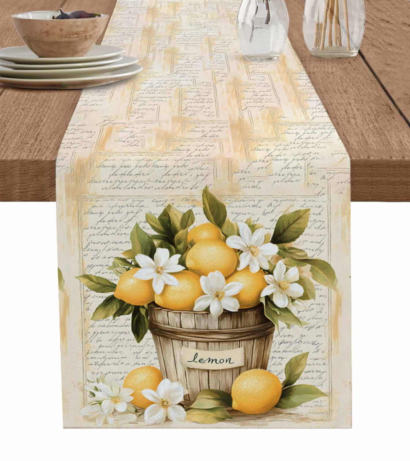 Watercolor Lemon Table Runner 72 Inches, Retro Fruit Blossoming ...