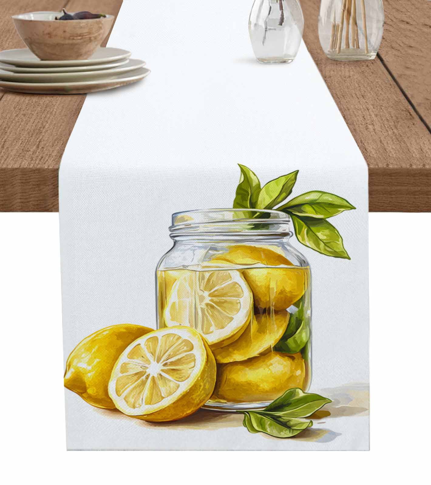 Watercolor Lemon Table Runner Cotton Linen 60 Inch Holiday Dresser ...