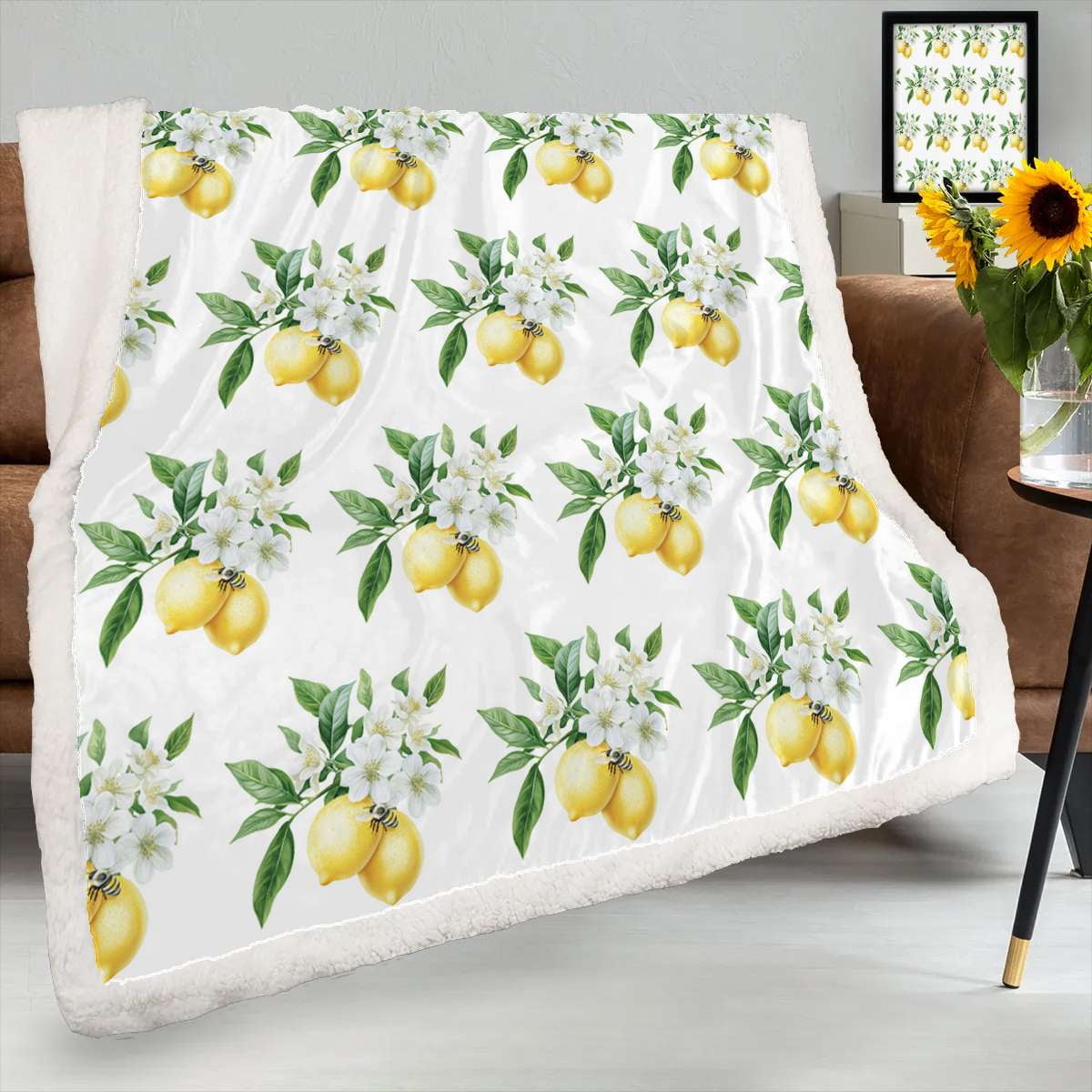 Watercolor Lemons Flowers Bee Sherpa Blanket Throw Blanket For Bed ...