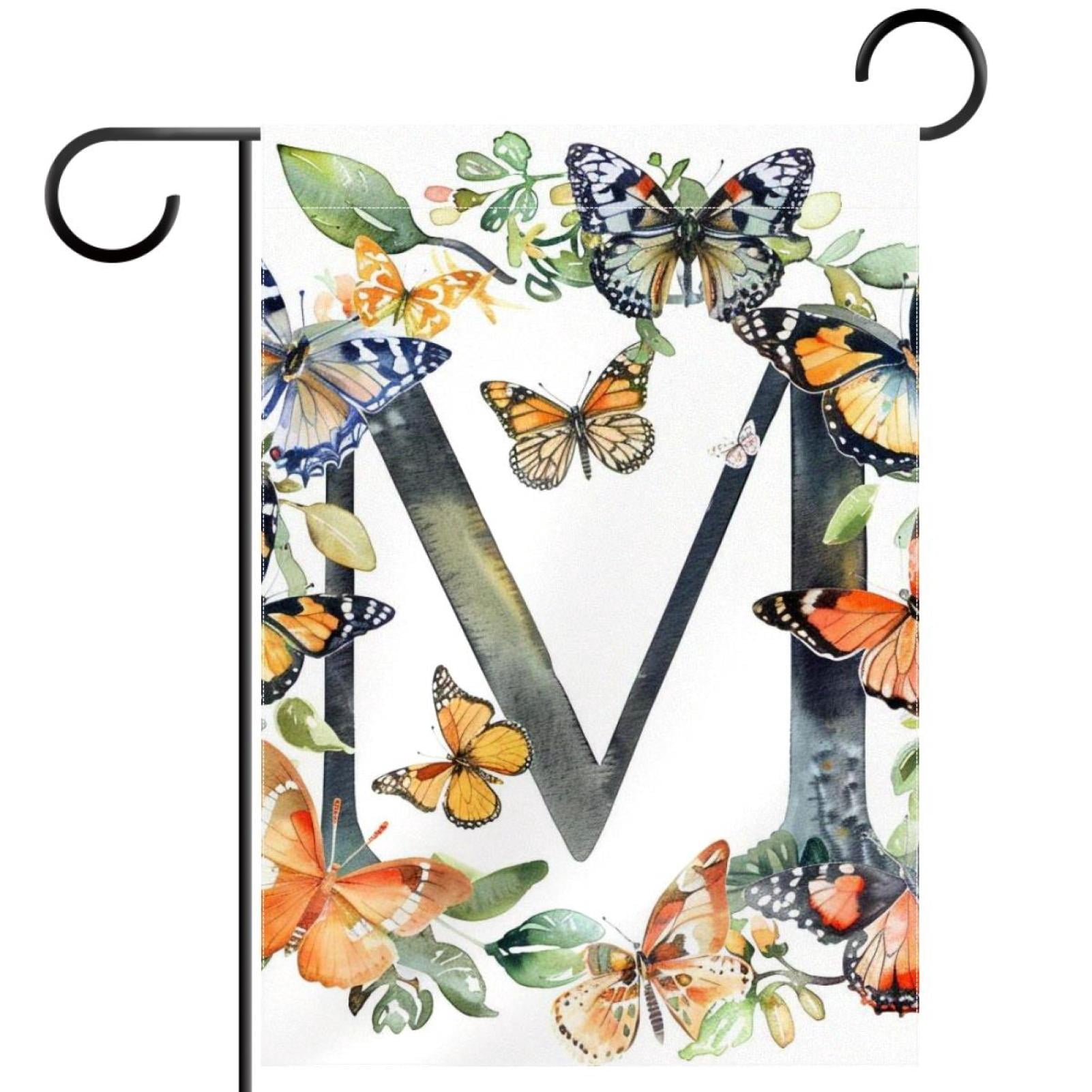 Watercolor Letter M with Wreath Butterflies Pattern Double Sided Garden ...