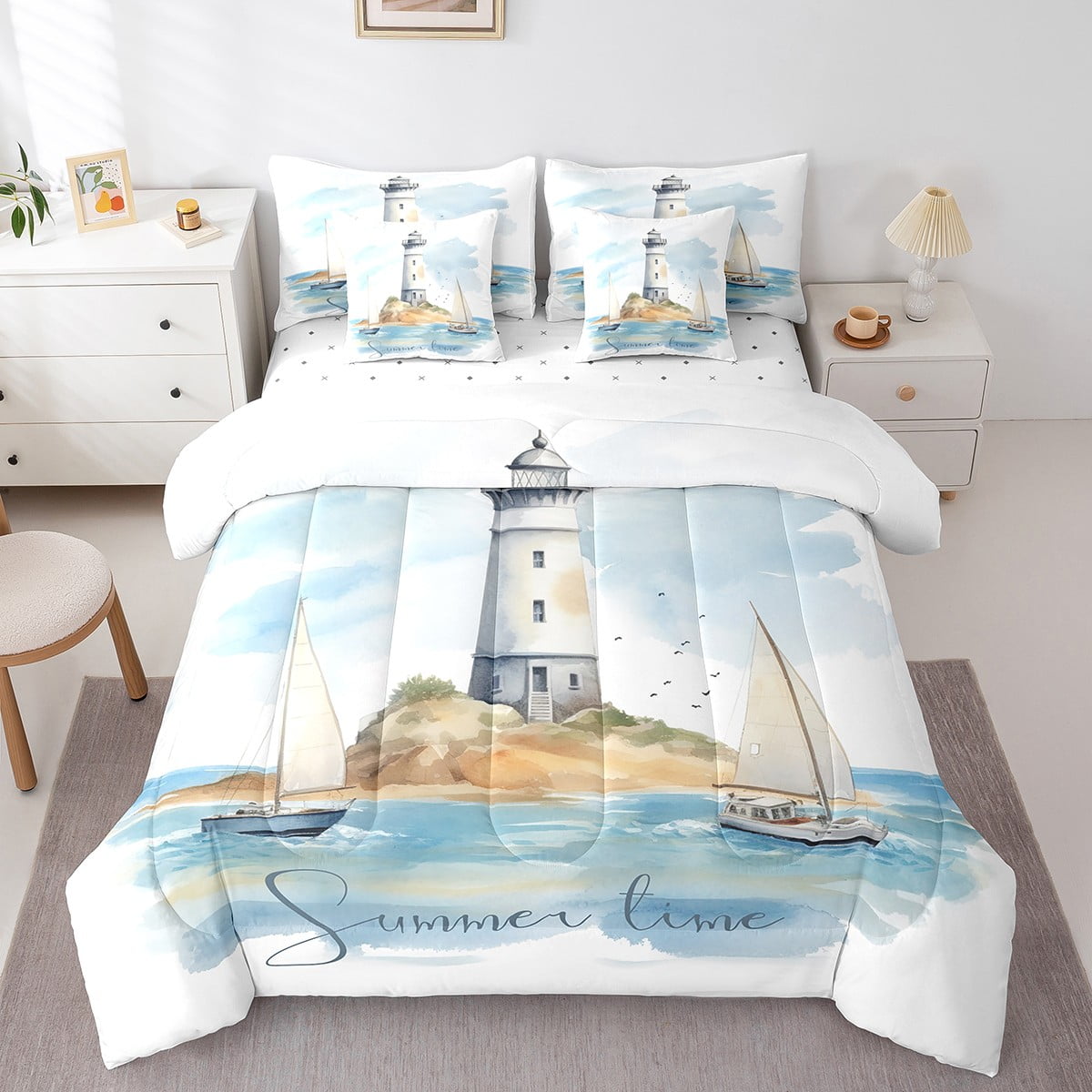 Watercolor Lighthouse Bedding Comforter Sets 7-Piece Nautical Themed ...