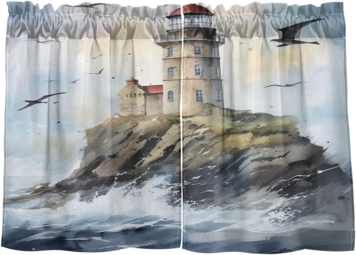 Watercolor Lighthouse Seagull Kitchen Curtains 24 Inch Length Short ...